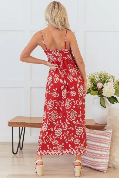 Women's Red Floral Empire‑Waist Maxi Dress with Spaghetti Straps